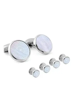 Tateossian Rotondo Guilloché Mother-of-pearl Formal Cuff Link & Shirt Stud Set - White