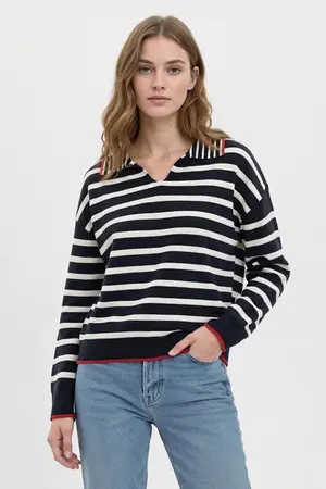 Central Park West Maisie Striped Long Sleeve Polo - Navy Multi