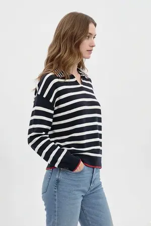 Central Park West Maisie Striped Long Sleeve Polo - Navy Multi