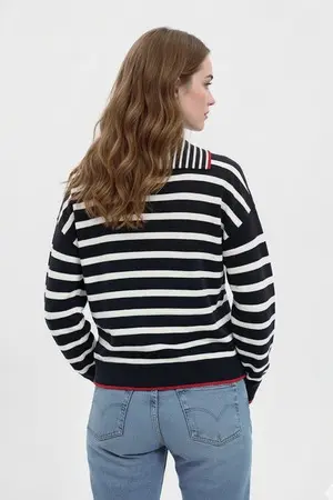 Central Park West Maisie Striped Long Sleeve Polo - Navy Multi