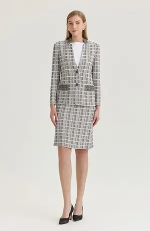 Ming Wang Tailored Contrast Stitch Tweed Knit Jacket