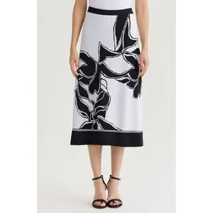 Ming Wang Floral Jacquard Knit Midi Skirt - Black/white