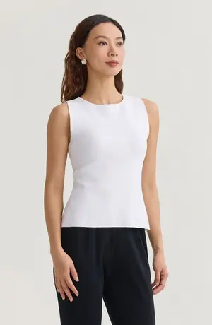 Ming Wang Boat Neck Soft Knit Ribbed Tank - White