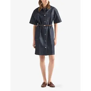 Prada Short-sleeve Belted Denim Mini Dress