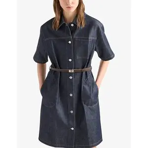 Prada Short-sleeve Belted Denim Mini Dress