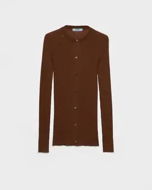 Prada Ribbed Knit Wool Cardigan - Tobacco