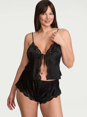 Victoria's Secret Dream Angels Satin Lace-trim Cami And Flutter Shorts Set - Black