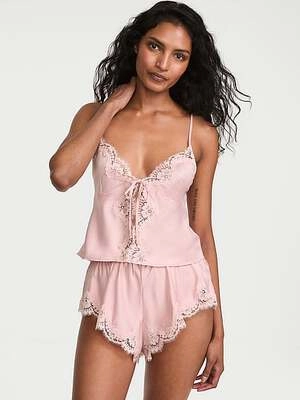 Victoria's Secret Dream Angels Satin Lace-trim Cami And Flutter Shorts Set - Pink