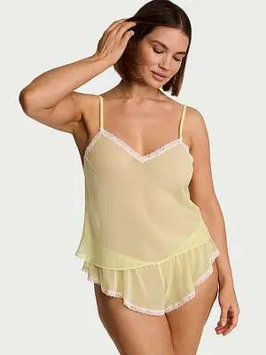 Victoria's Secret Dream Angels Chiffon Lace-trim Cami & Flutter Shorts Set - Yellow