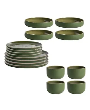 GHARYAN STONEWARE Le Gourmand Dinnerware, Set Of 16 Pieces - Matte Green/ Shiny Green