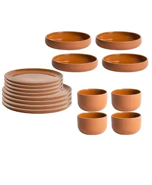 GHARYAN STONEWARE Le Gourmand Dinnerware, Set Of 16 Pieces - Matte Terracotta/ Shiny Terracotta