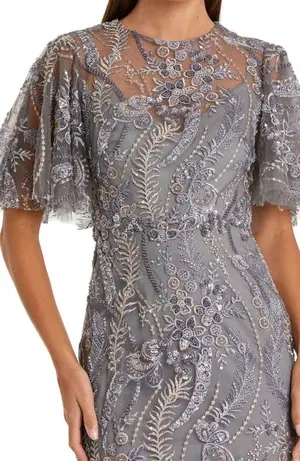 Mac Duggal High Neck Flutter Sleeve Floral Embroidered Gown