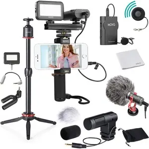 MOVO V8 Huge Vlogging Kit For Iphone With Tripod, Grip, Microphones, Led Lights - Black