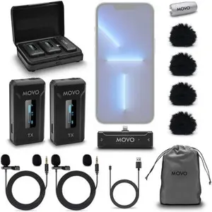 MOVO Wmx-2-l-duo Dual Wireless Lavalier Microphone With Charging Case For Iphone 14 And Below - Black