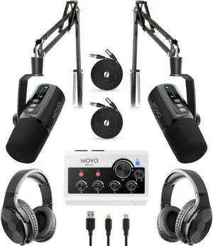 MOVO Pro Portable Podcast Equipment Bundle For Iphone/android Phone With Interface, 2 Um6 Dynamic Mics, 2 Headphones - Black