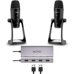MOVO Usb Podcast Equipment Bundle For 2 With Usb Interface With 2 Condenser Microphones - Black