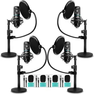 MOVO 4-pack Universal Cardioid Podcasting Microphone Bundle With Tabletop Mic Stand And Pop Filter - Black