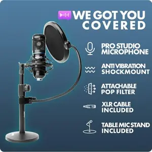 MOVO 4-pack Universal Cardioid Podcasting Microphone Bundle With Tabletop Mic Stand And Pop Filter