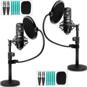MOVO 2-pack Universal Cardioid Podcasting Microphone Bundle With Tabletop Mic Stand And Pop Filter For Xlr Outputs - Black
