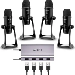 MOVO Usb Podcast Equipment Bundle For 4 With Usb Interface With 4 Condenser Microphones - Black