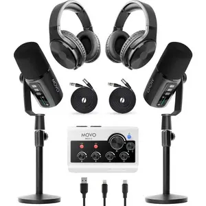 MOVO Podcast Equipment Bundle For Iphone & Android With Audio Interface, 2 Dynamic Mics, 2 Headphones - Black