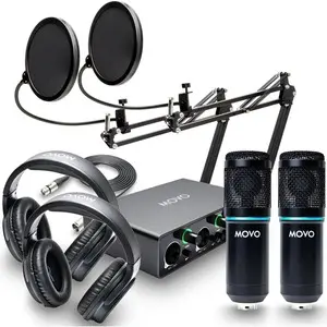MOVO Podkit2ah Podcast Equipment Bundle For 2 Condenser Microphone Kit With Usb Audio Interface For Computers - Black