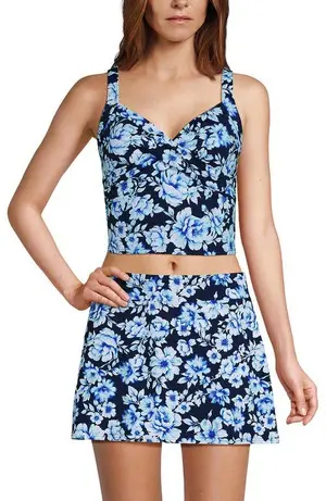 LANDS' END Sweetheart Wrap Midkini Top Deep Sea Navy Painted Floral
