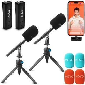 MOVO Wireless Mini Wireless Microphone For Iphone Podcast Equipment Bundle With Wmx-hm Handle - Black