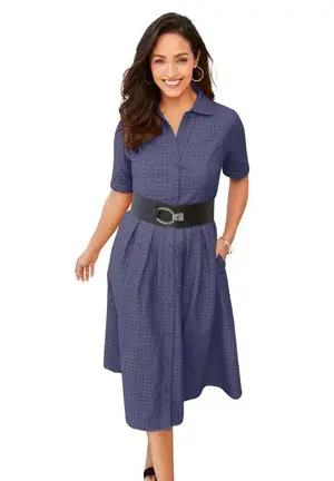 JESSICA LONDON Cotton Eyelet Shirt Dress - Deep Dusk