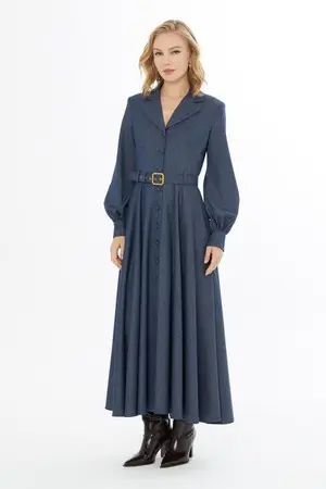 GIZIA Long-sleeve Collared Belted Maxi Dress