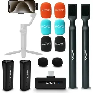 MOVO Wireless Mini Uc Duo Dual Ultra Compact Wireless Lavalier Microphones For Iphone 15 And Up With Handheld Adapter - Black