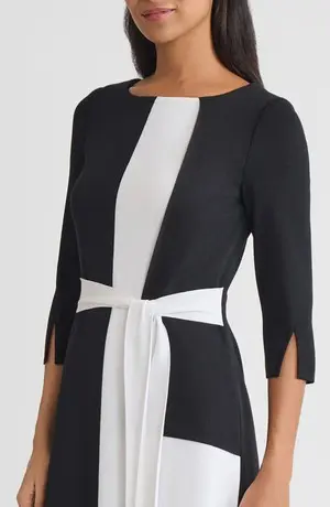 Misook A-line Colorblock Soft Knit Dress With Waist Tie