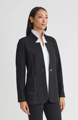 Misook Tailored Luxestretch Ponte Single Button Blazer - Biscotti/black