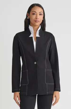 Misook Tailored Luxestretch Ponte Single Button Blazer - Biscotti/black