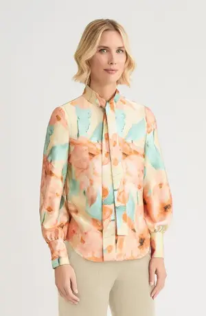 Misook Floral Printed Crepe De Chine Blouse