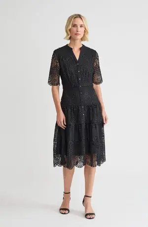Misook A-line Tiered Laced Woven Midi Dress - Black