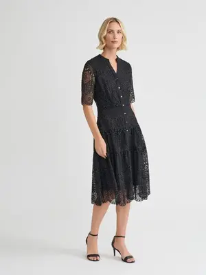 Misook A-line Tiered Lace Midi Dress