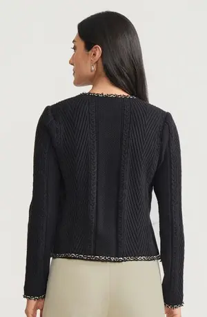 Misook Heritage Eyelash Trim Cozy Ribbed Knit Jacket - Black/biscotti