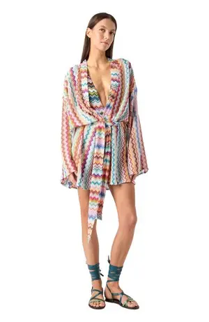 Missoni Short Kimono Cover-up In Lamé Viscose With Pixel-effect Zigzag Pattern - Multicoloured