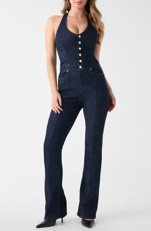Guess Kacie Halter Denim Jumpsuit - Dark Blue