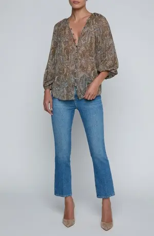 L'Agence Teagan Paisley Puff Sleeve Top - Neutral/blue Ditsy Paisley