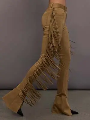 Norma Kamali Fringe Spat Jeans - Camel