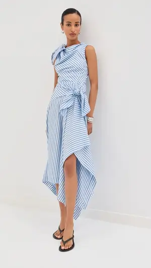 Monse Bow Drape Shirting Cascade Dress - Sky Blue