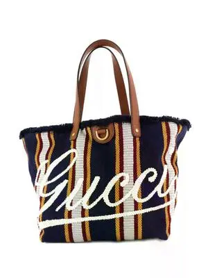Gucci Script Open Embroidered Stripe Large Tote Bag