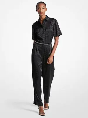 Michael Kors Logo Jacquard Satin Belted Jumpsuit - Black
