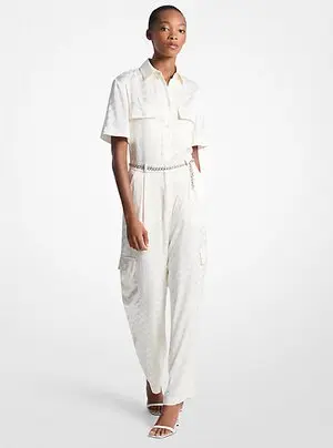 Michael Kors Logo Jacquard Satin Belted Jumpsuit - Natural