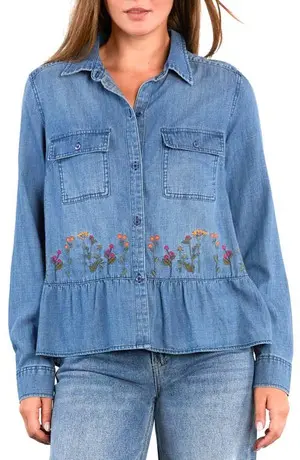 BILLY T Life Is A Flower Embroidered Button-up Shirt - Denim