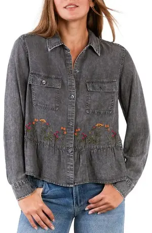 BILLY T Life Is A Flower Embroidered Button-up Shirt - Grey Wash