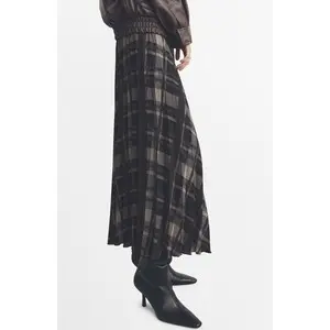 Mango Pleated Checkered Midi Skirt