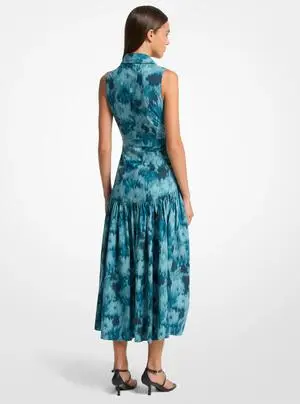 Michael Kors Sleeveless Floral Chiné Cotton Poplin Drop Waist Shirtdress - Blue